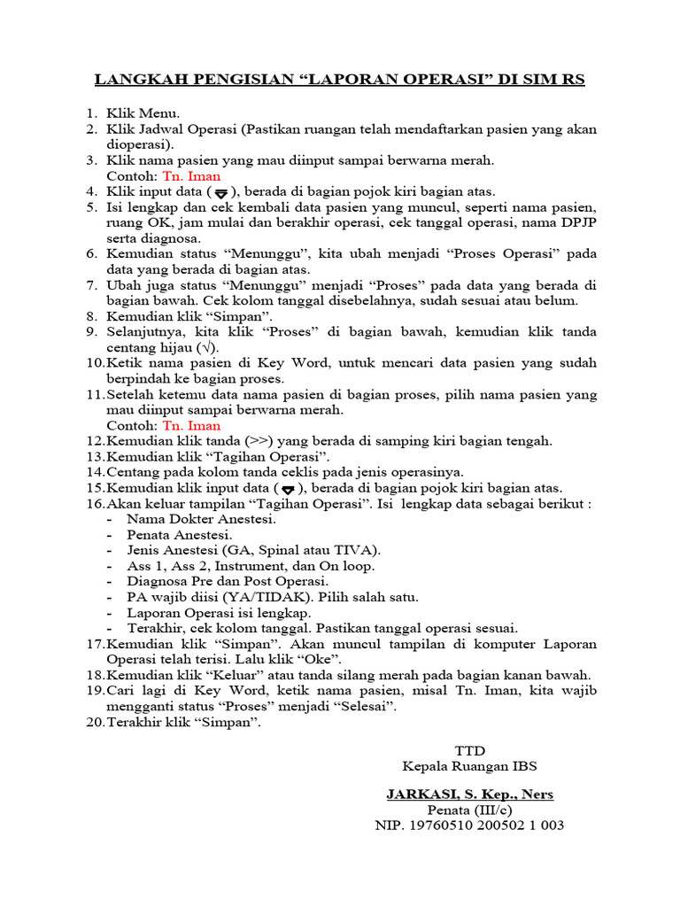 Langkah Laporan Operasi Sim RS | PDF