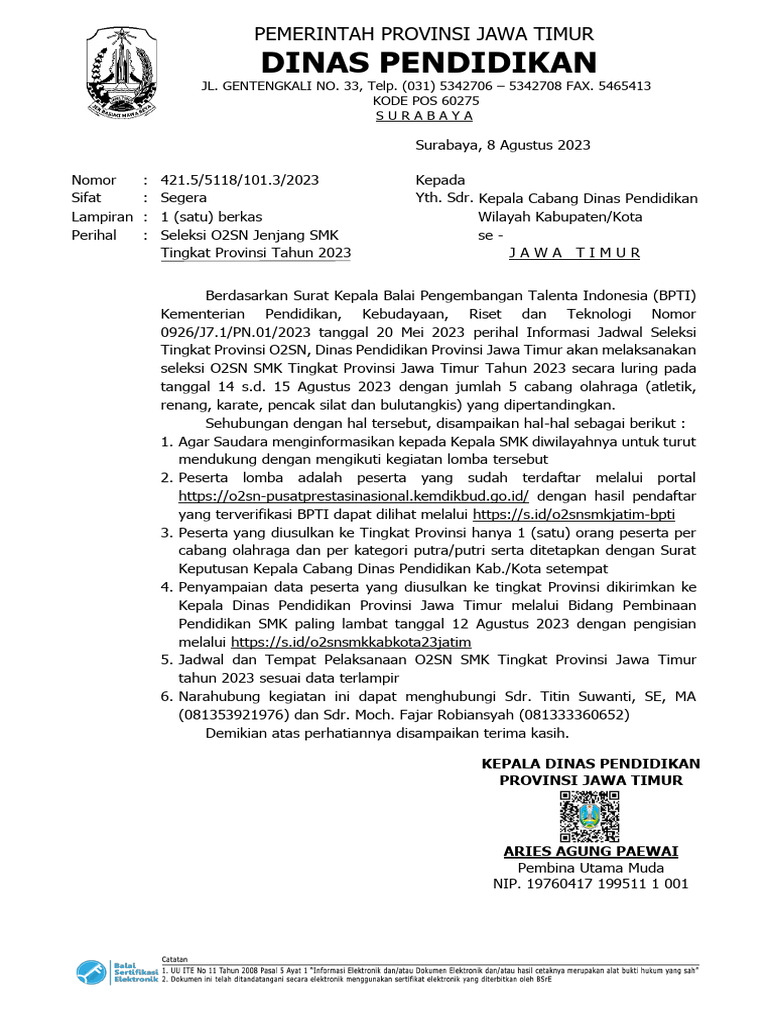 Seleksi O2SN SMK Tingkat Provinsi Tahun 2023 - Sign - Sign | PDF