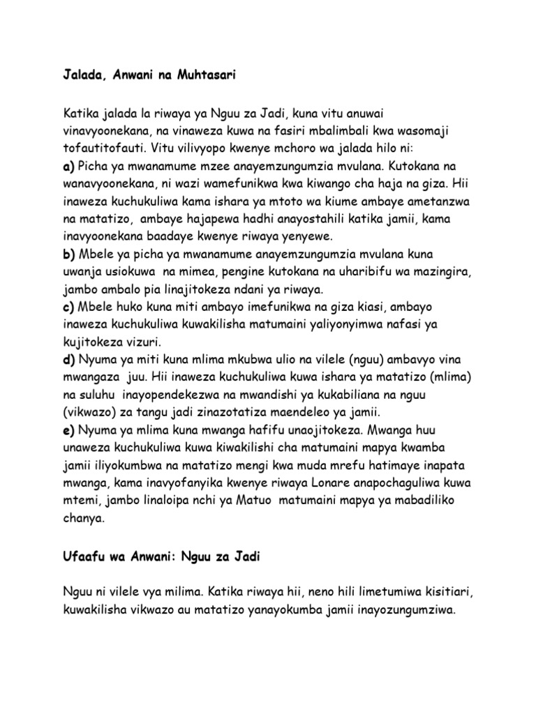 Mwongozo Wa Nguu Za Jadi KCSE Setbooks Guide | PDF