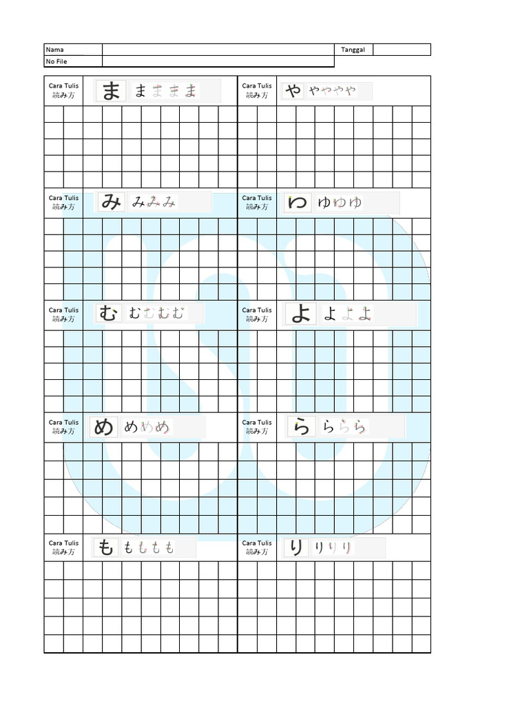 Tabel Hiragana Mamimumemo Yayuyorari | PDF