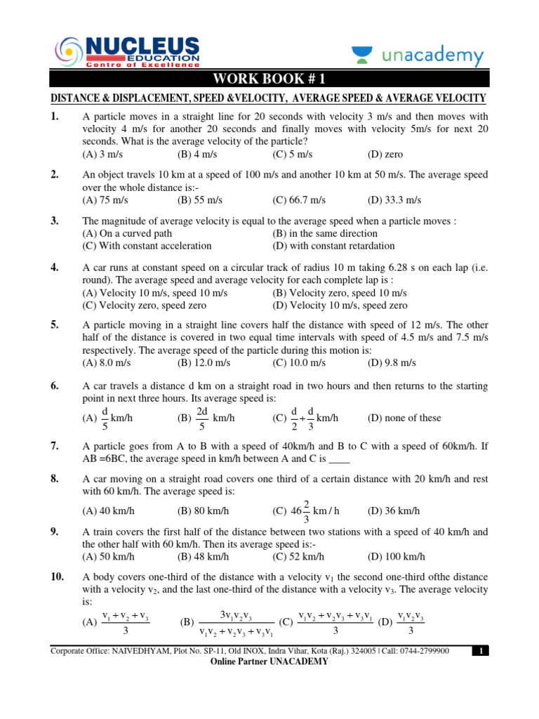 Work Book # 1: Distance & Displacement, Speed &velocity, Average Speed ...