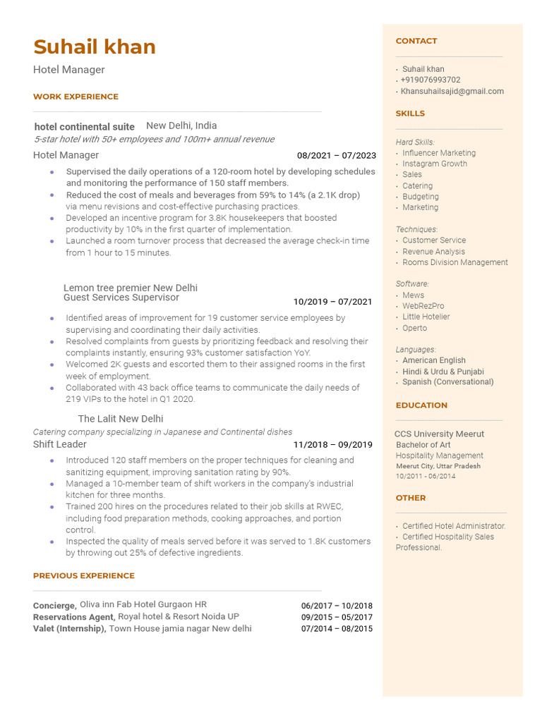 Suhail Khan Hotel-Manager - CV | PDF | Hotel | Employment