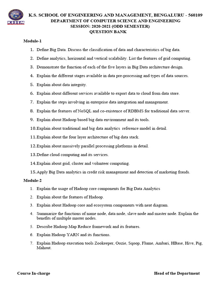 18CS72-BDA Question Bank of First Internal Syllabus | PDF | Art