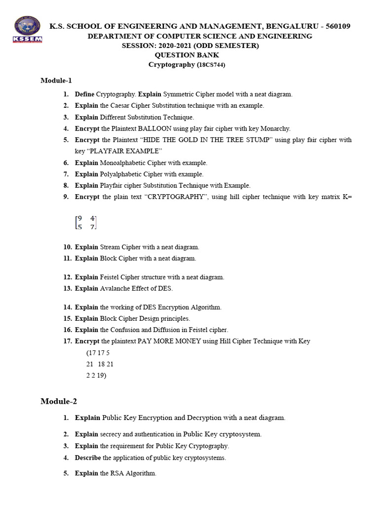 18CS744 Cryptography QBank | PDF