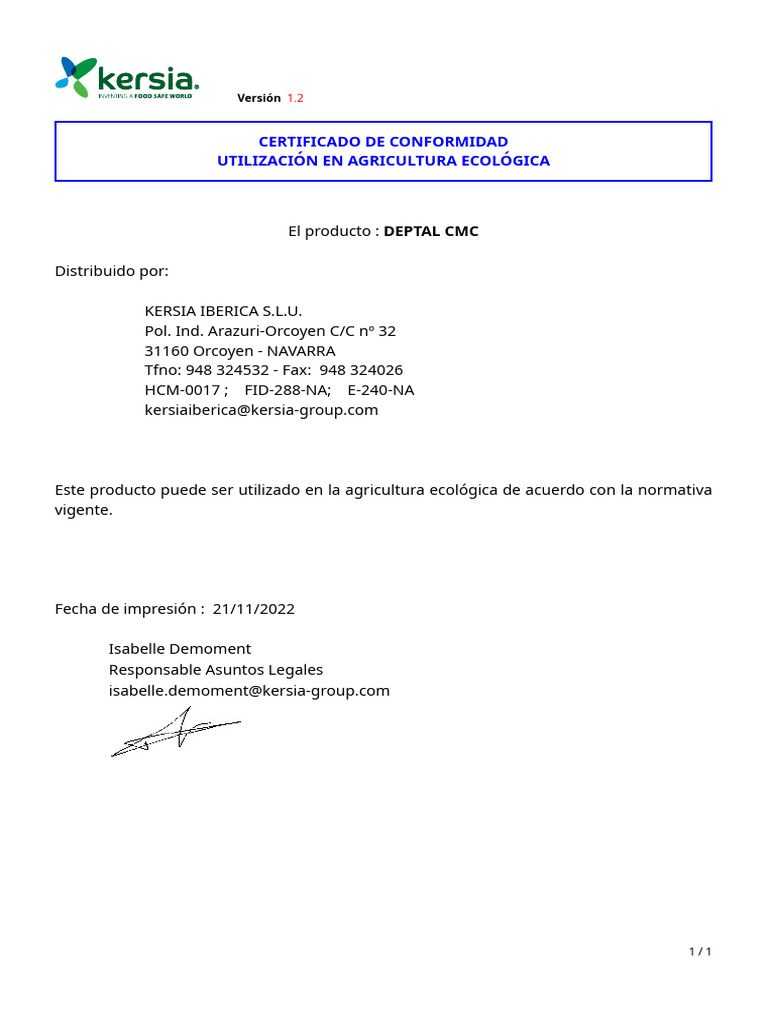 Certificado conformidad agricultura ecológica Deptal CMC | PDF