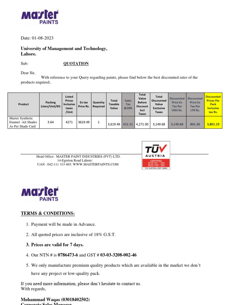 University of Management and Technology Quotation Master Paints 01-08 ...