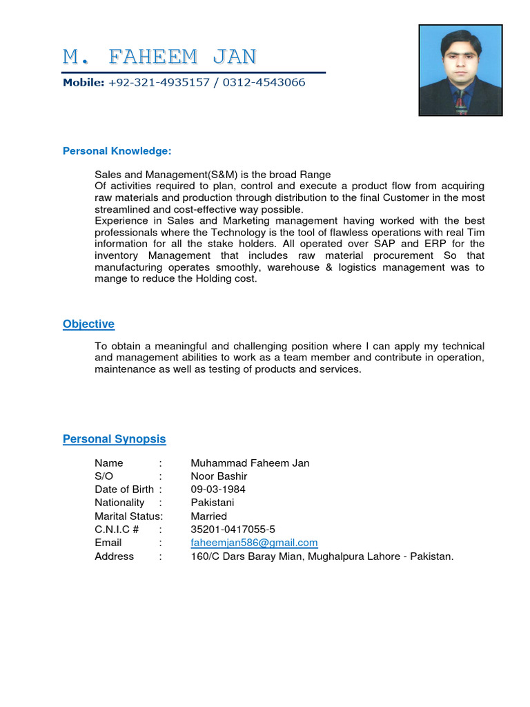 Faheem+cv+Sales PGD Mar 2021 | PDF | Enterprise Resource Planning ...