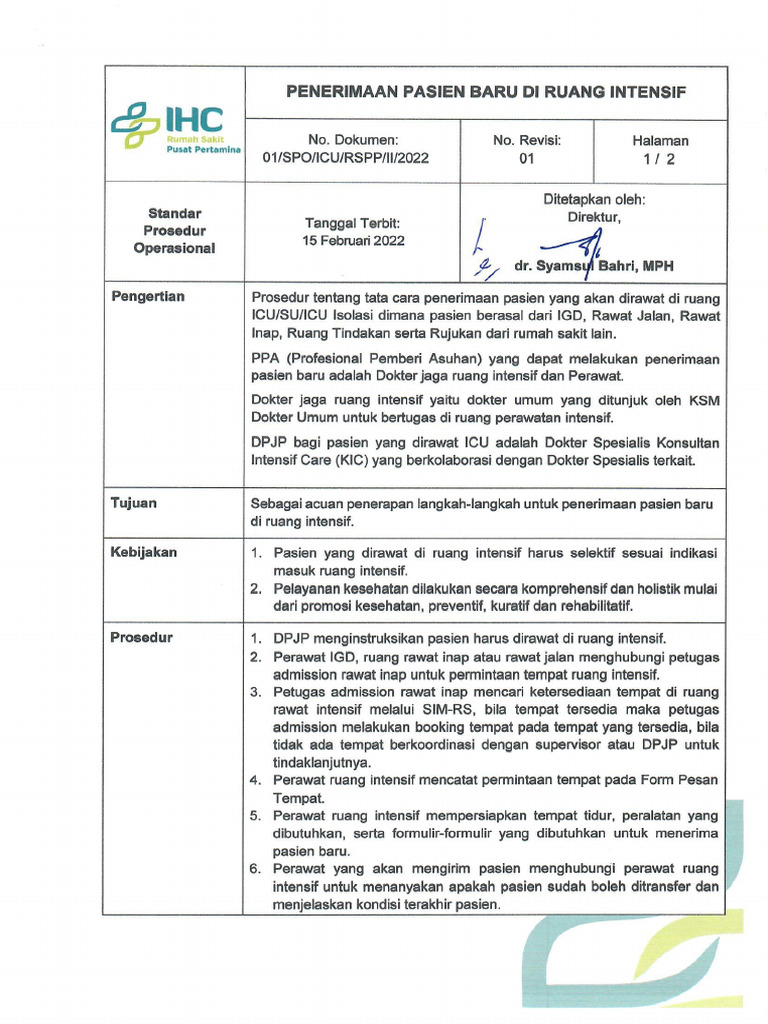 01 - Spo Penerimaan Pasien Baru Di Ruang Intensif | PDF