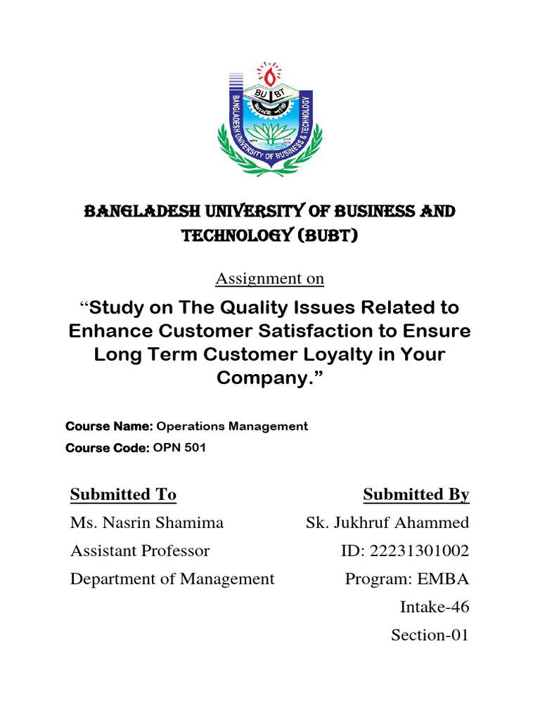 "Study On The Quality Issues Related To: Bangladesh University of Business and Technology (BUBT ...