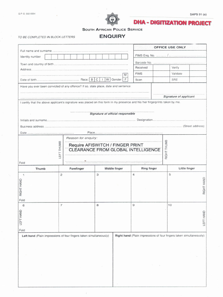 SAPS Fingerprint FORM - Digitization Project. | PDF