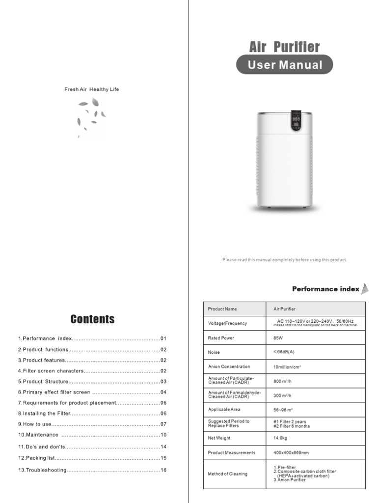 User Manual - Air Purifier | Download Free PDF | Air Pollution ...