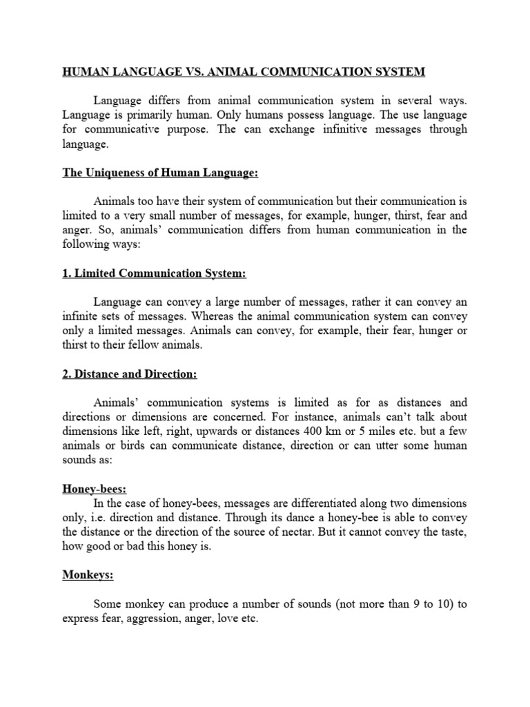 HUMAN LANGUAGE VS Animal Communication Sysytem | PDF | Communication | Word