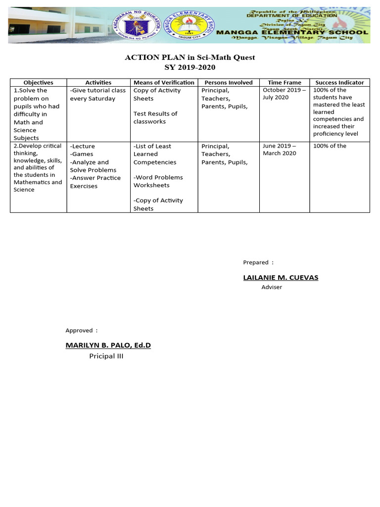 Action Plan in Sci Quest | PDF | Worksheet | Mathematics