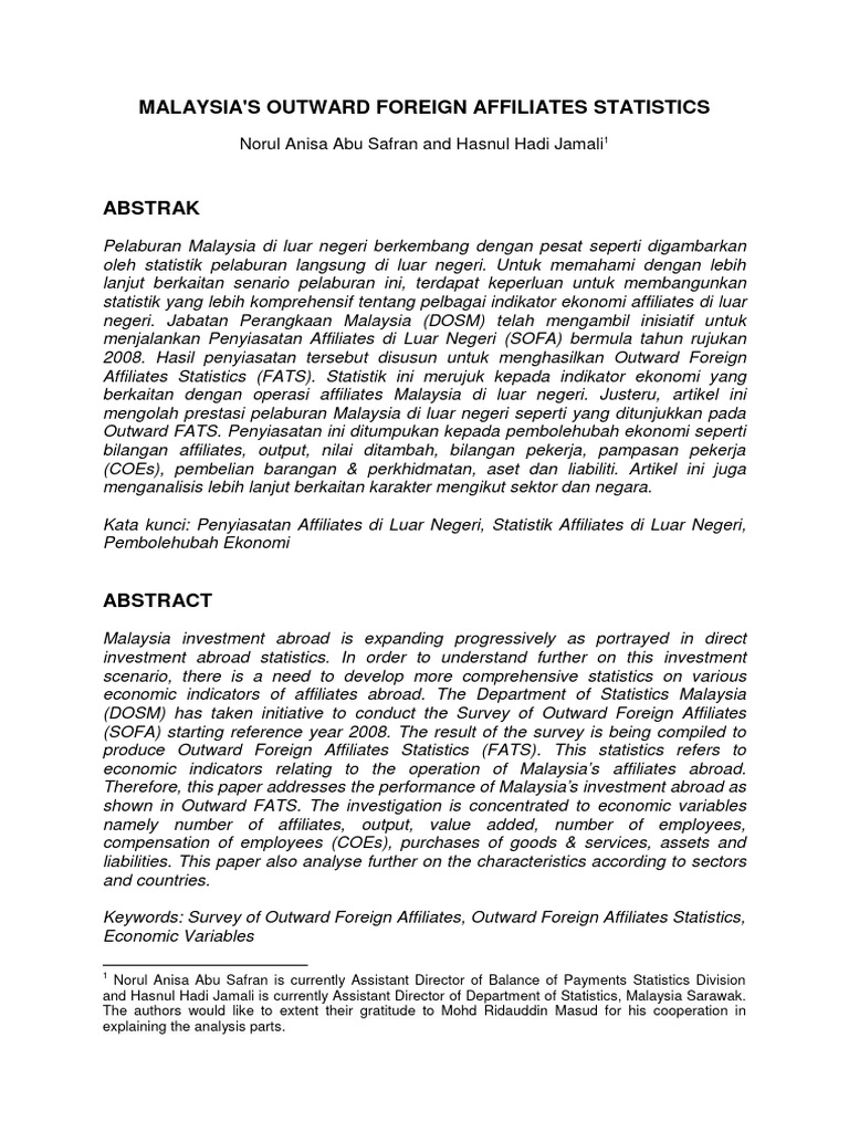 Malaysia'S Outward Foreign Affiliates Statistics: Norul Anisa Abu ...