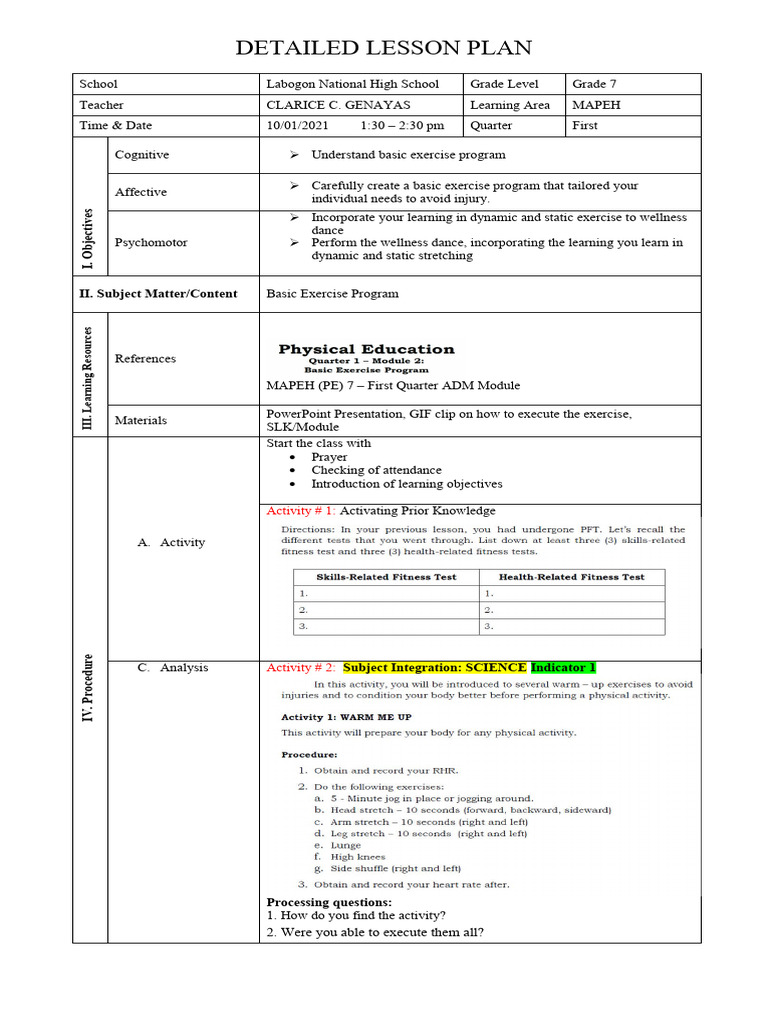 Q1 Cot Pe7 | PDF | Lesson Plan | Learning
