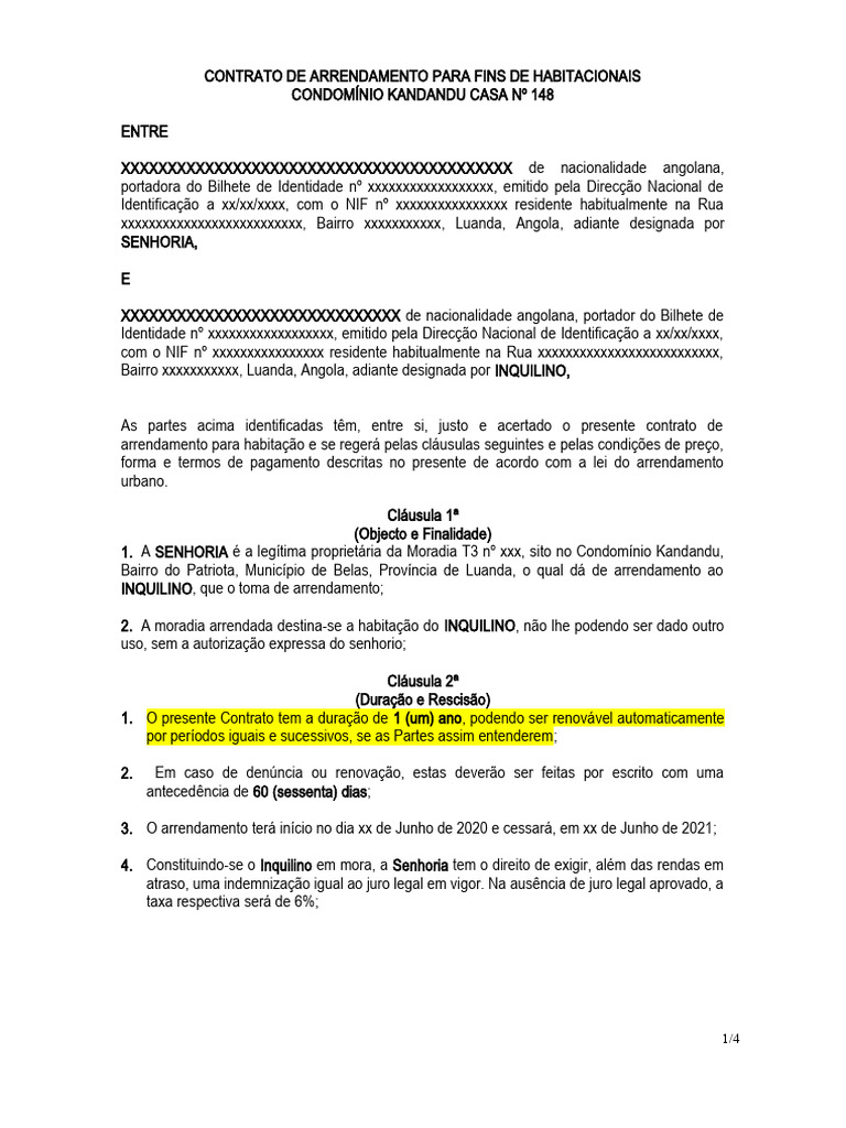 Minuta - CONTRATO DE ARRENDAMENTO - ANGOLA | PDF | Proprietário | Leasing Minuta - CONTRATO DE ARRENDAMENTO - ANGOLA | PDF | Proprietário | Leasing