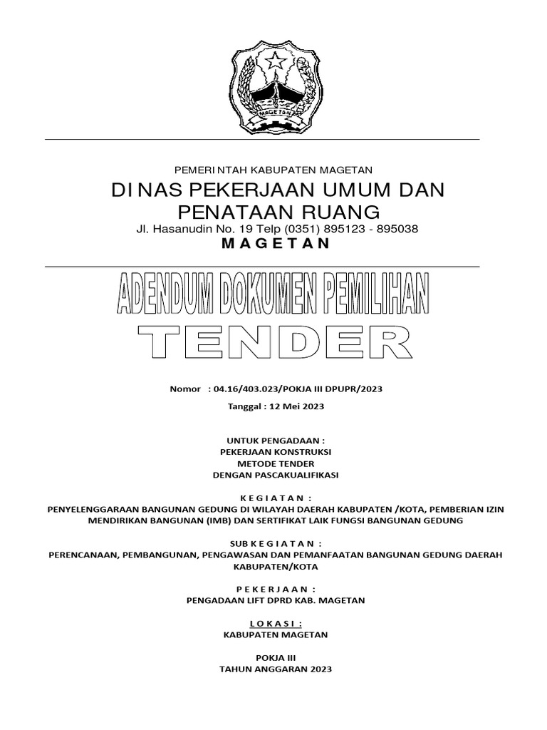 Adendum Dokumen Pemilihan Pengadaan Lift DPRD Kab. Magetan Retender | PDF