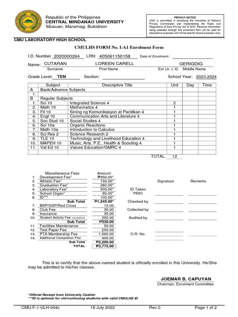 CMU Laboratory High School Enrollment Form | PDF