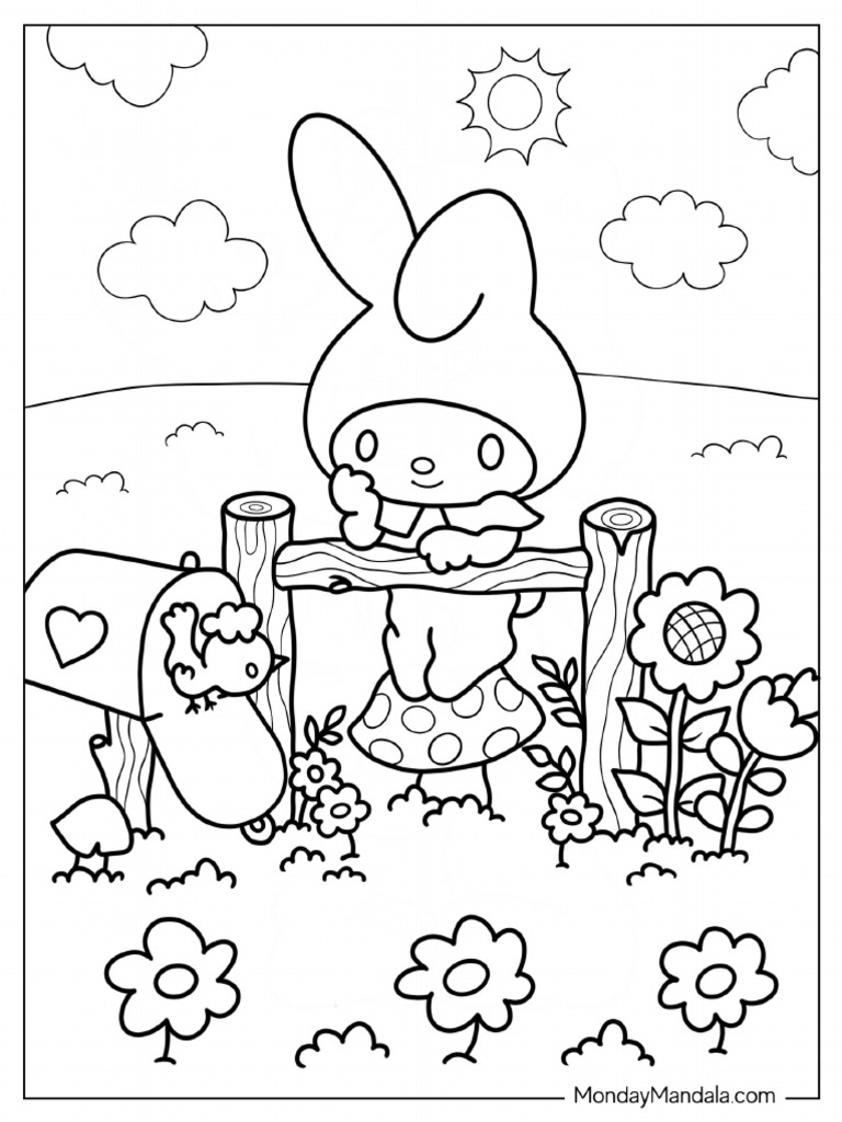 Kawaii My Melody Watching Bird Coloring Sheet | PDF