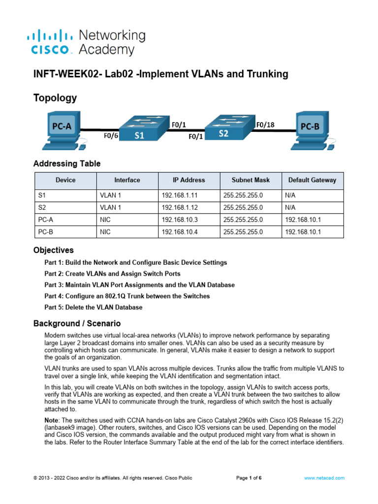 INFT-WEEK03 - Lab02 - Implement VLANs and Trunking - Fall2023 | PDF | Internet Architecture ...