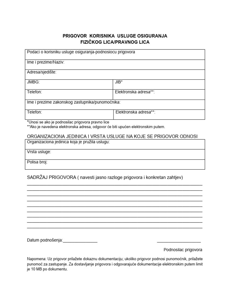 Prigovor Korisnika Usluge | PDF