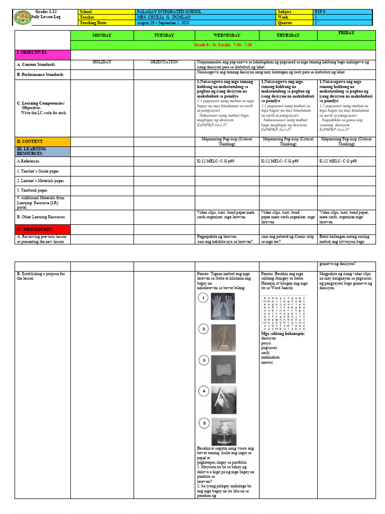 DLL q1 Week 1 Esp 6 | PDF