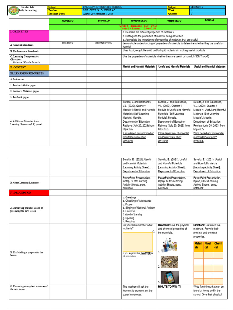 DLL q1 Week 1 Science 5 | PDF | Ductility | Metals