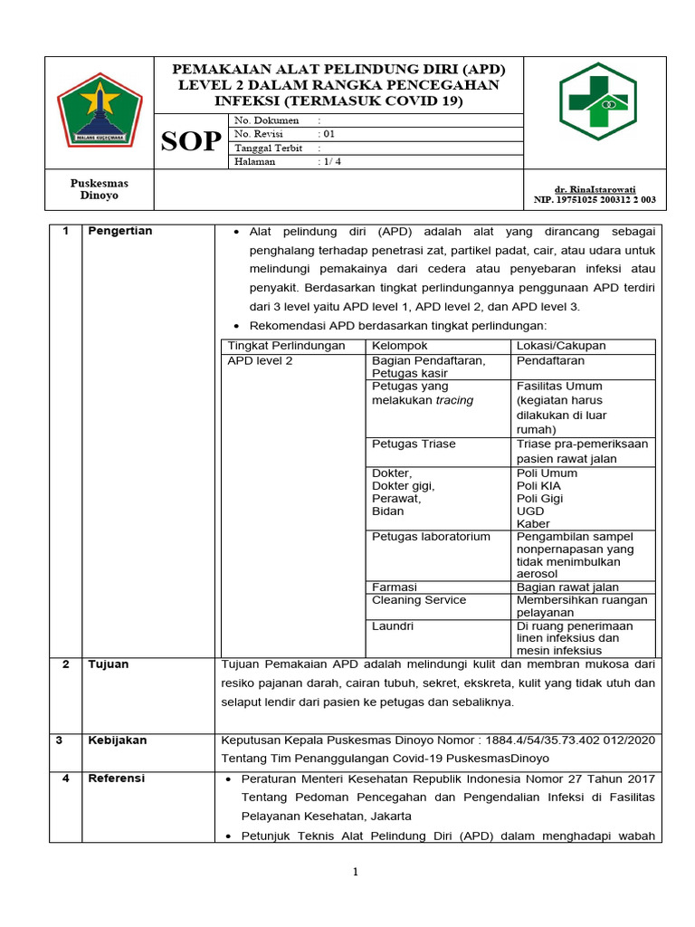 SOP Pemakaian APD Level 2 | PDF