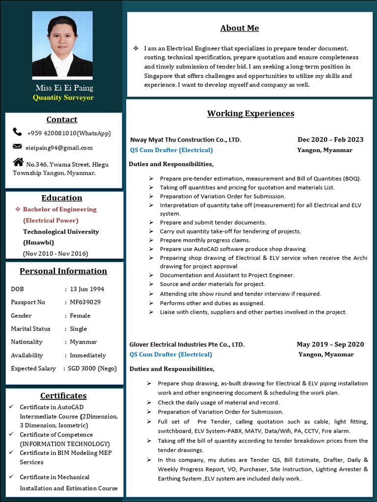 QS Engineer Resume - Ei Ei Paing | PDF | Technical Drawing | Engineering