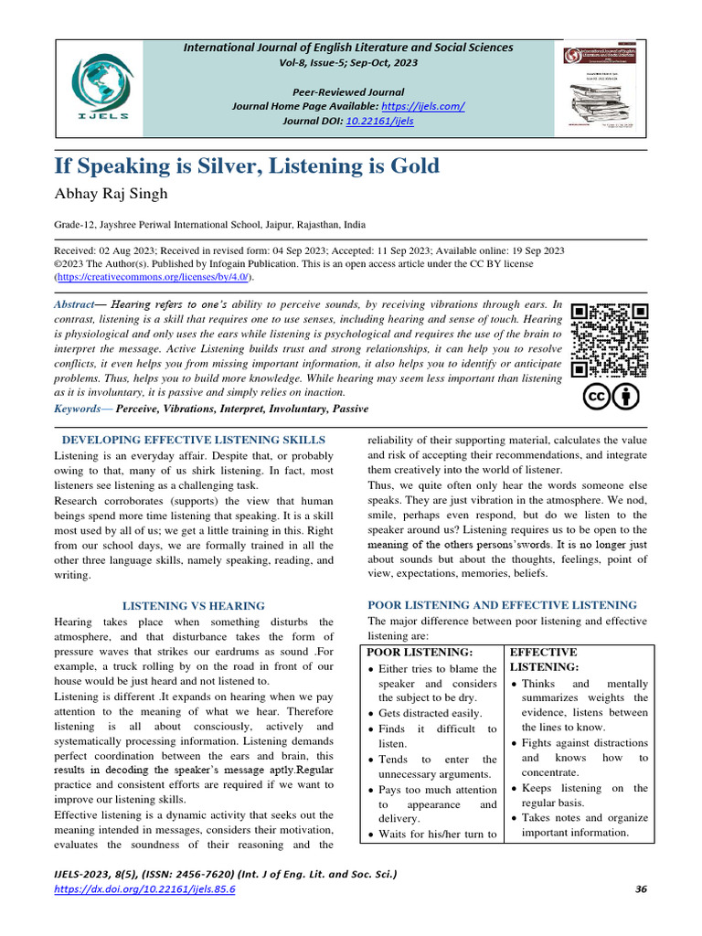 If Speaking Is Silver, Listening Is Gold | PDF | Thought | Hearing