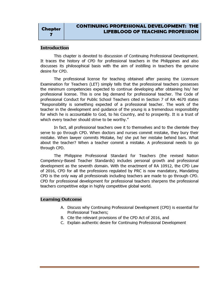 Chapter 7 Continuing Professional Education CPD | PDF | Teachers | Professional Development