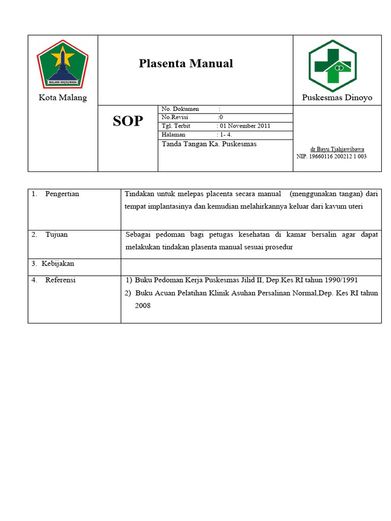SOP Plasenta Manual di Puskesmas Malang | PDF