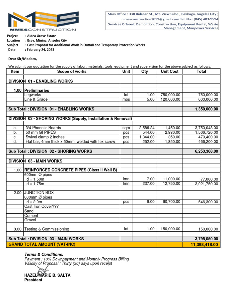 MMES - AGE - Cost Proposal For Additional Work in Outfall and Temporary ...