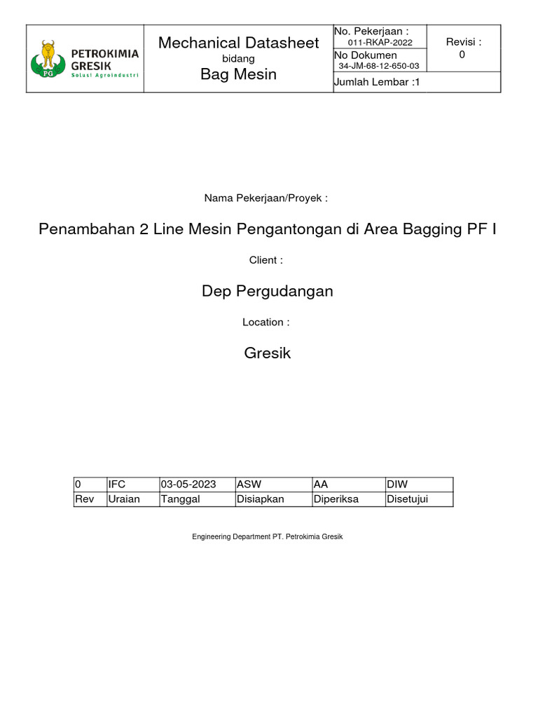 Penambahan 2 Line Mesin Pengantongan Di Area Bagging PF I - IFC - Data Sheet Conveyor 21-M-505-2 ...