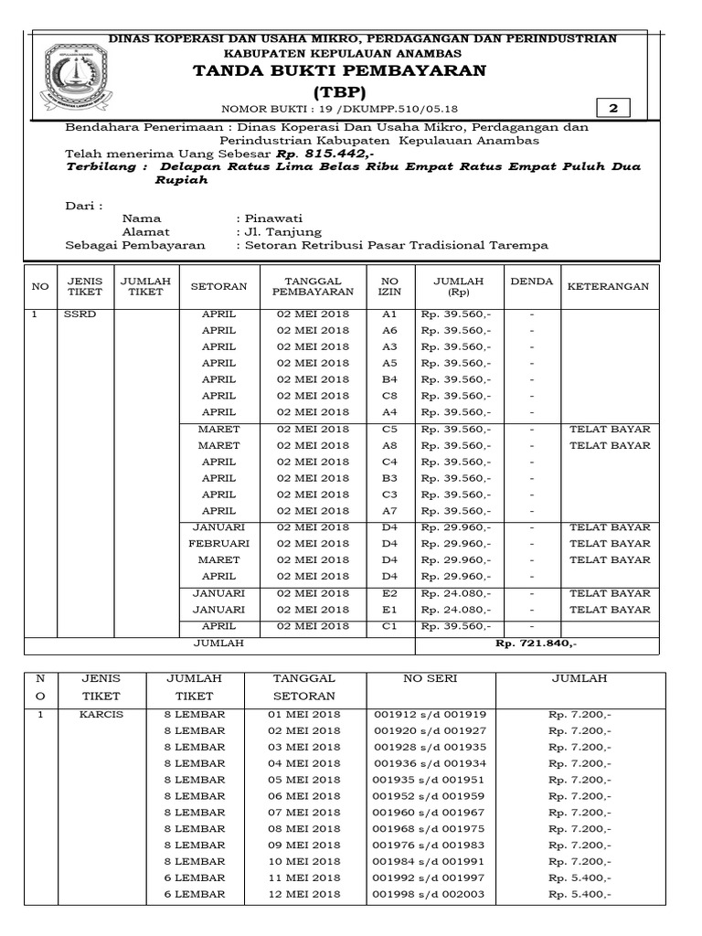 Tanda Bukti Pembayaran (TBP) : Terbilang: Delapan Ratus Lima Belas Ribu ...