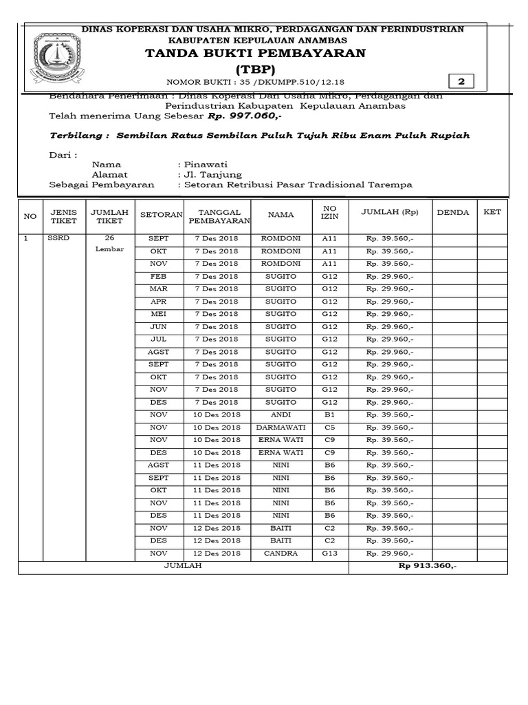 Tanda Bukti Pembayaran (TBP) : Terbilang: Sembilan Ratus Sembilan Puluh ...