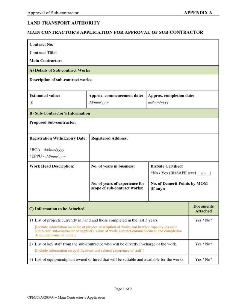 203a Appendix A Main Contractor Application Construction | PDF | Business
