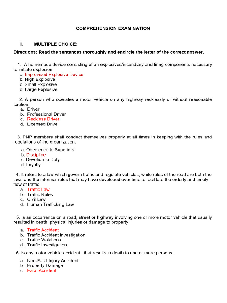 Comprehension Exam | PDF | Police | Traffic