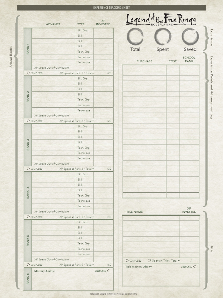 L5R Experience Sheet | PDF | Role Playing Games | Role Playing Video Games