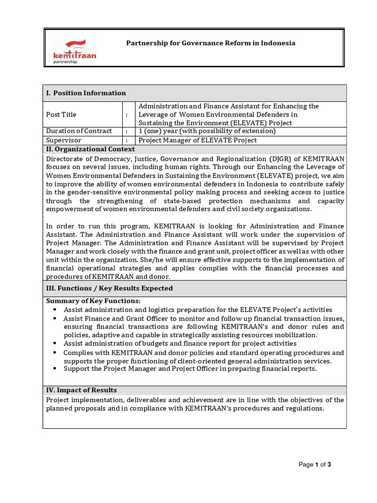Finance and Administration Assistant Role | PDF | Governance | Goal