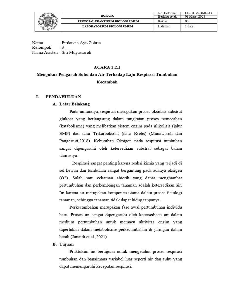 ACARA 2.2.1 Mengukur Pengaruh Suhu Dan Air Terhadap Laju Respirasi Tumbuhan Kecambah I ...