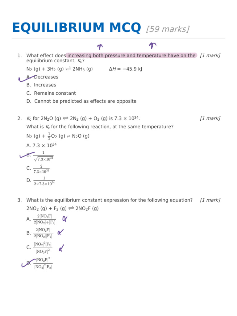 EQUILIBRIUM - MCQ Worksheet | Download Free PDF | Chemical Equilibrium ...