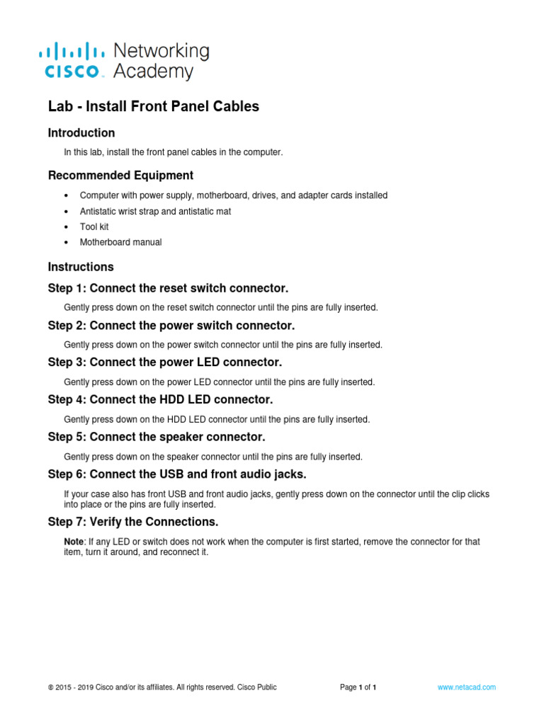 Lab - Install Front Panel Cables: End of Document | PDF