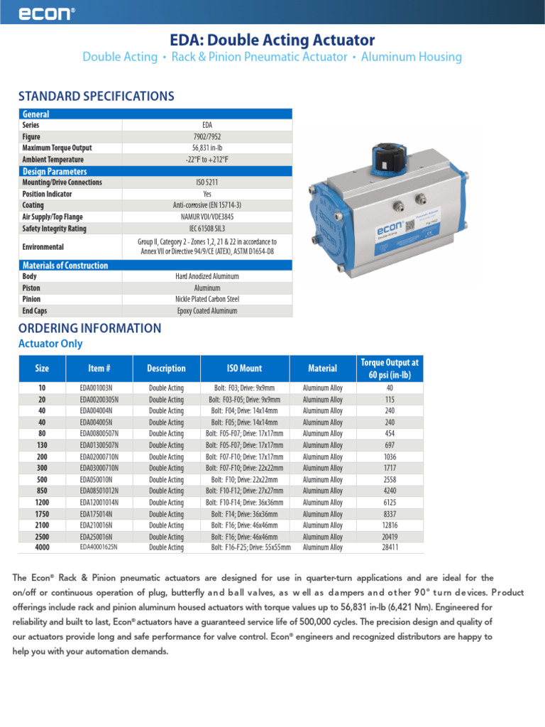 Econ EDA Double Acting Actuator Specs | PDF | Actuator | Screw