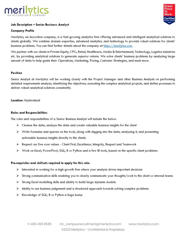 Merilytics JD - Senior Business Analyst | PDF | Analytics | Business