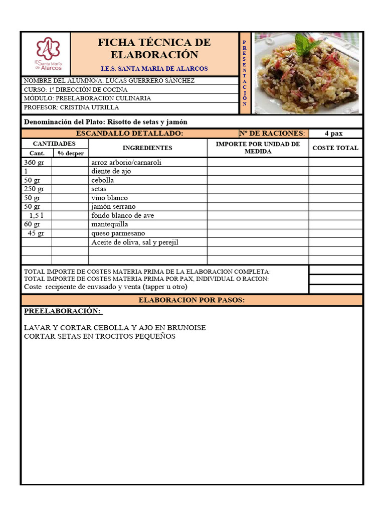 Ficha Técnica 5 - Rissoto Con Setas y Jamon | PDF | Preparación de comida y bebida | Comida y bebida
