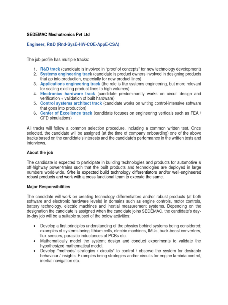 SEDEMAC - JD - Engineer, R&D (Rnd-SysE-HW-COE-AppE-CSA) | PDF | Engineering | Simulation