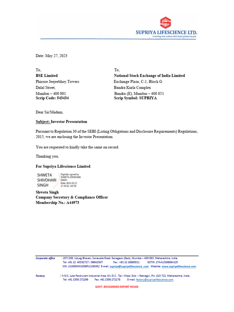Supriya Lifesciences Q4 FY23 Investor Presentation | PDF | Equity (Finance) | Business