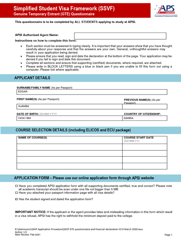 APSI GTE Questionnaire and Financial Declaration V2.0 March 2020 | PDF | Travel Visa | Loans