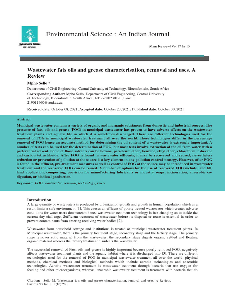FOG in Wastewater: Removal and Reuse Techniques | PDF | Sewage ...